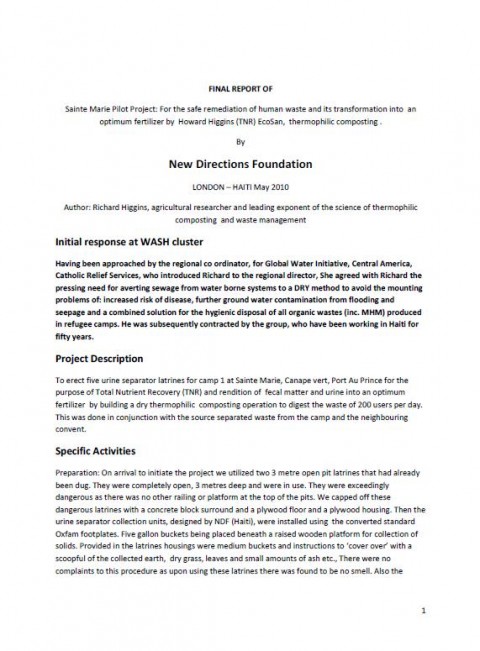 Sainte Marie Pilot Project: For the safe remediation of human waste and ...